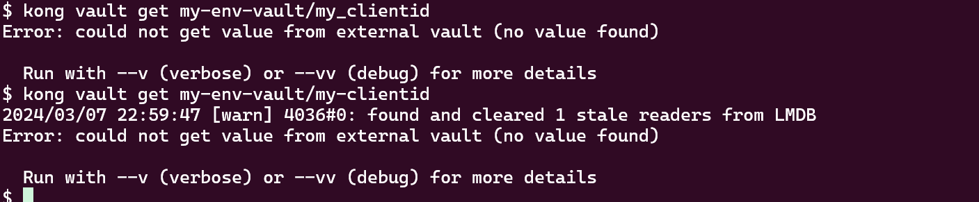 Kong Gateway: Error with environment variables vault : could not find cached values